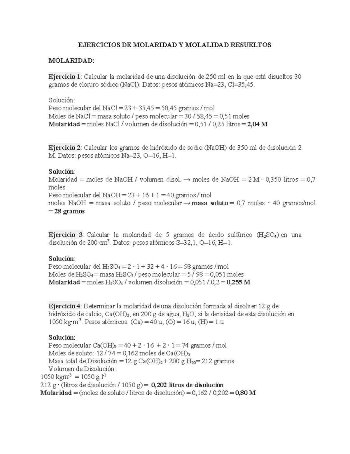 Ejercicios Resueltos de Molaridad y Molalidad: Clases Prácticas - Studocu