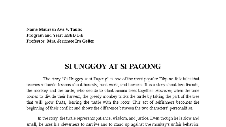 BSED Essay Notes: Lessons from "Unggoy at si Pagong" - Studocu