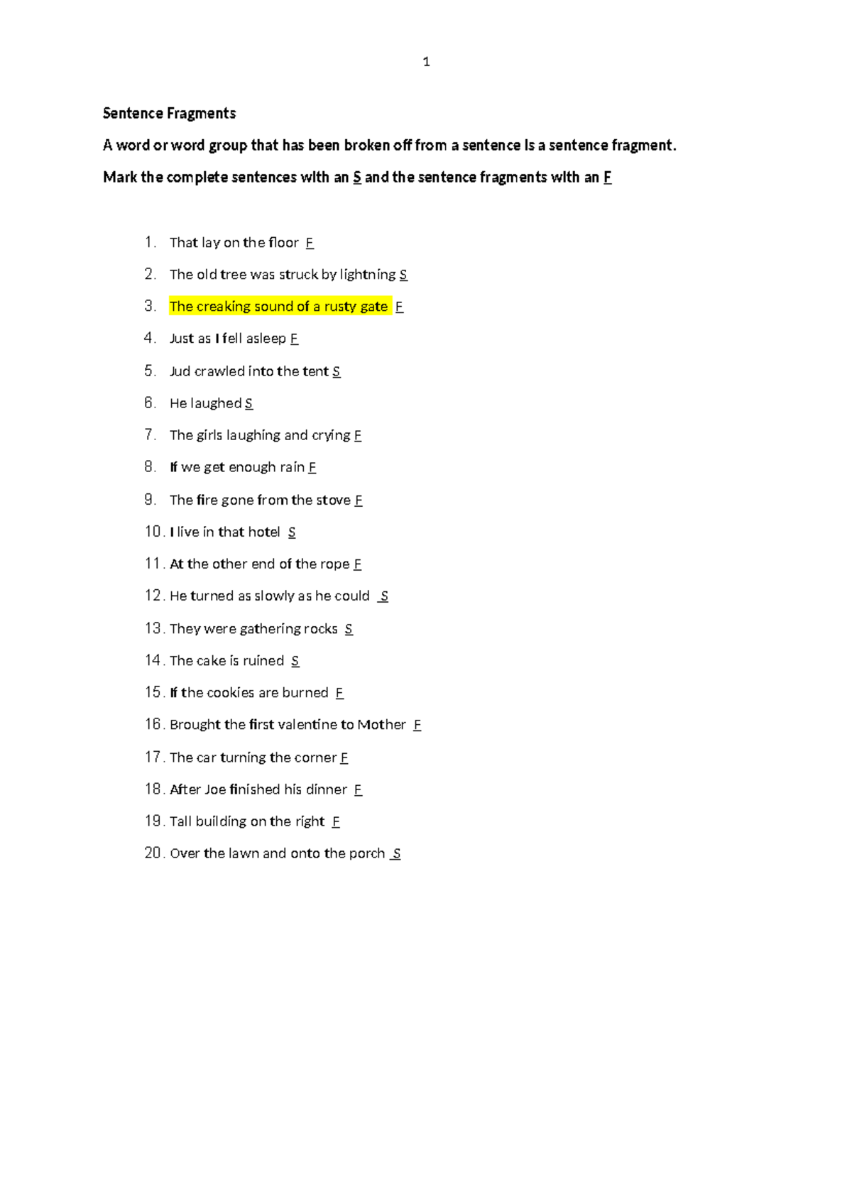 Sentence Fragments & Run-Ons Worksheet for Grammar Practice - Studocu