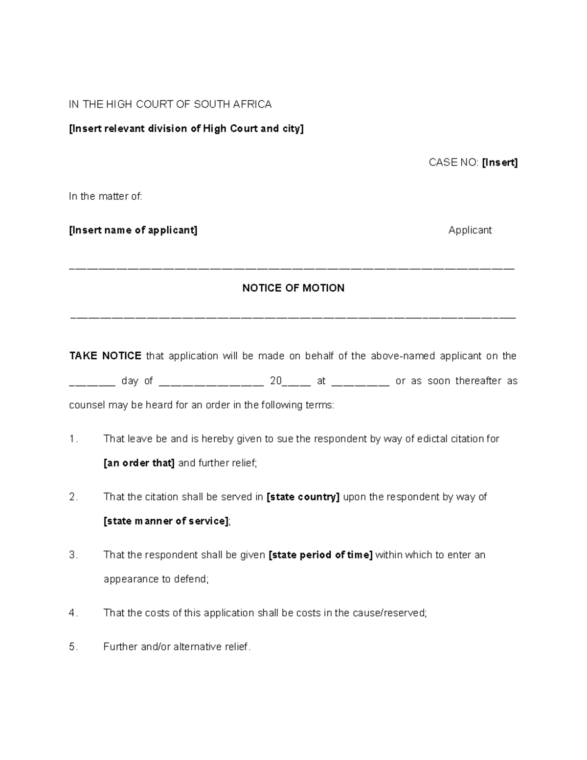 High Court Edictal Citation Application - Case No: [Insert] - Studocu