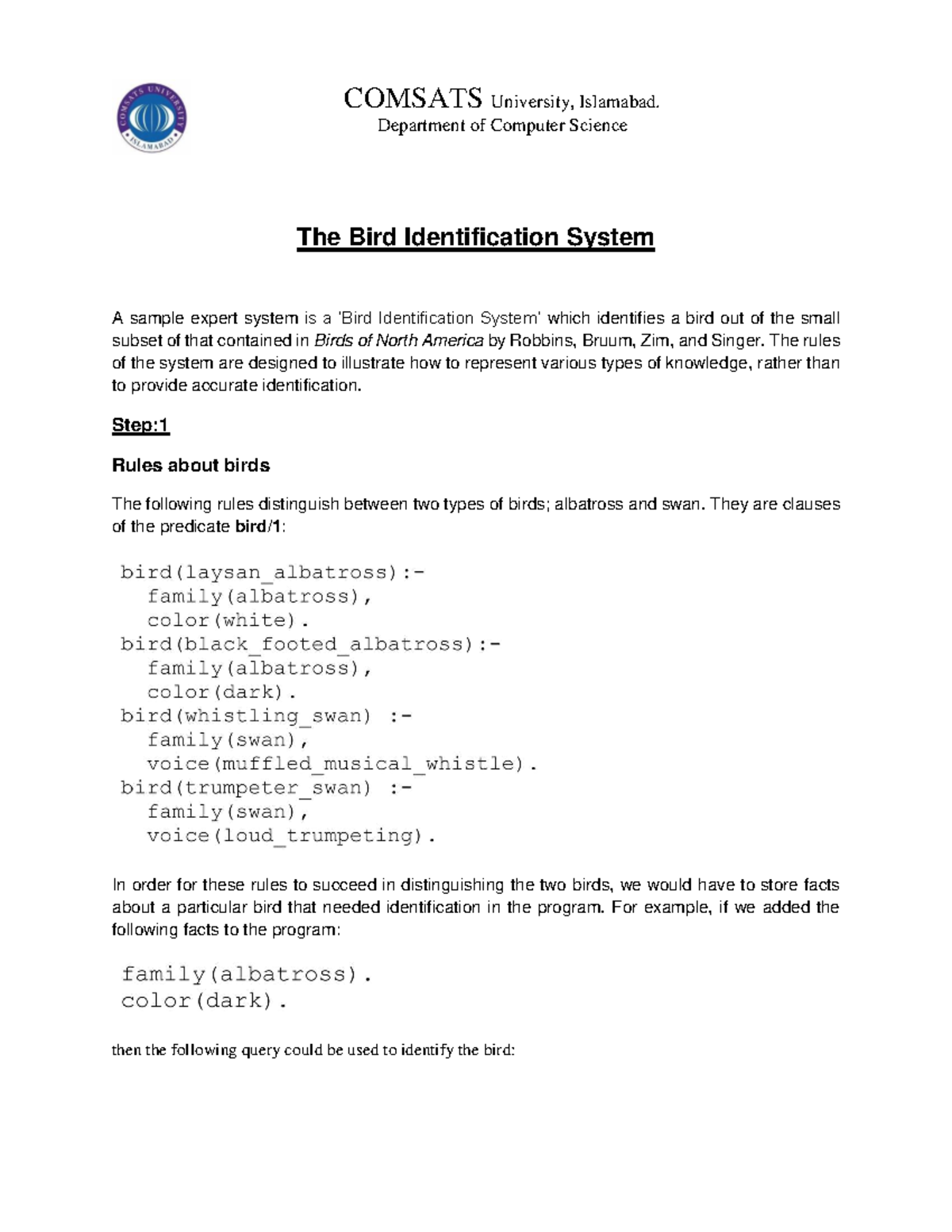 Lab 14 - Expert Systems: Bird Identification System - Studocu