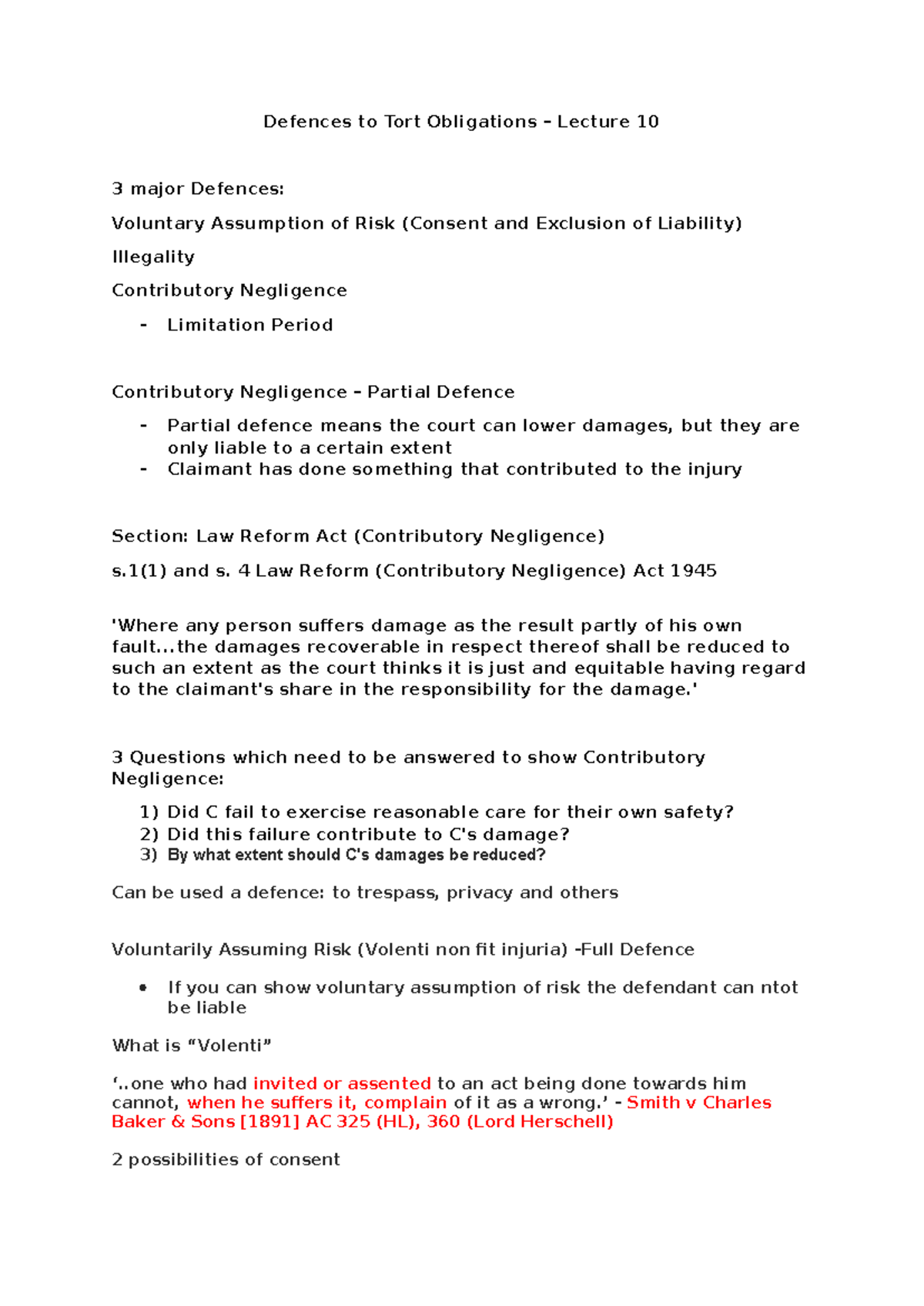 Lecture 10: Major Defences in Tort Law - Voluntary Assumption ...