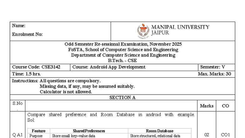CSE3142 - Final Exam Question Paper: Android App Development - Studocu
