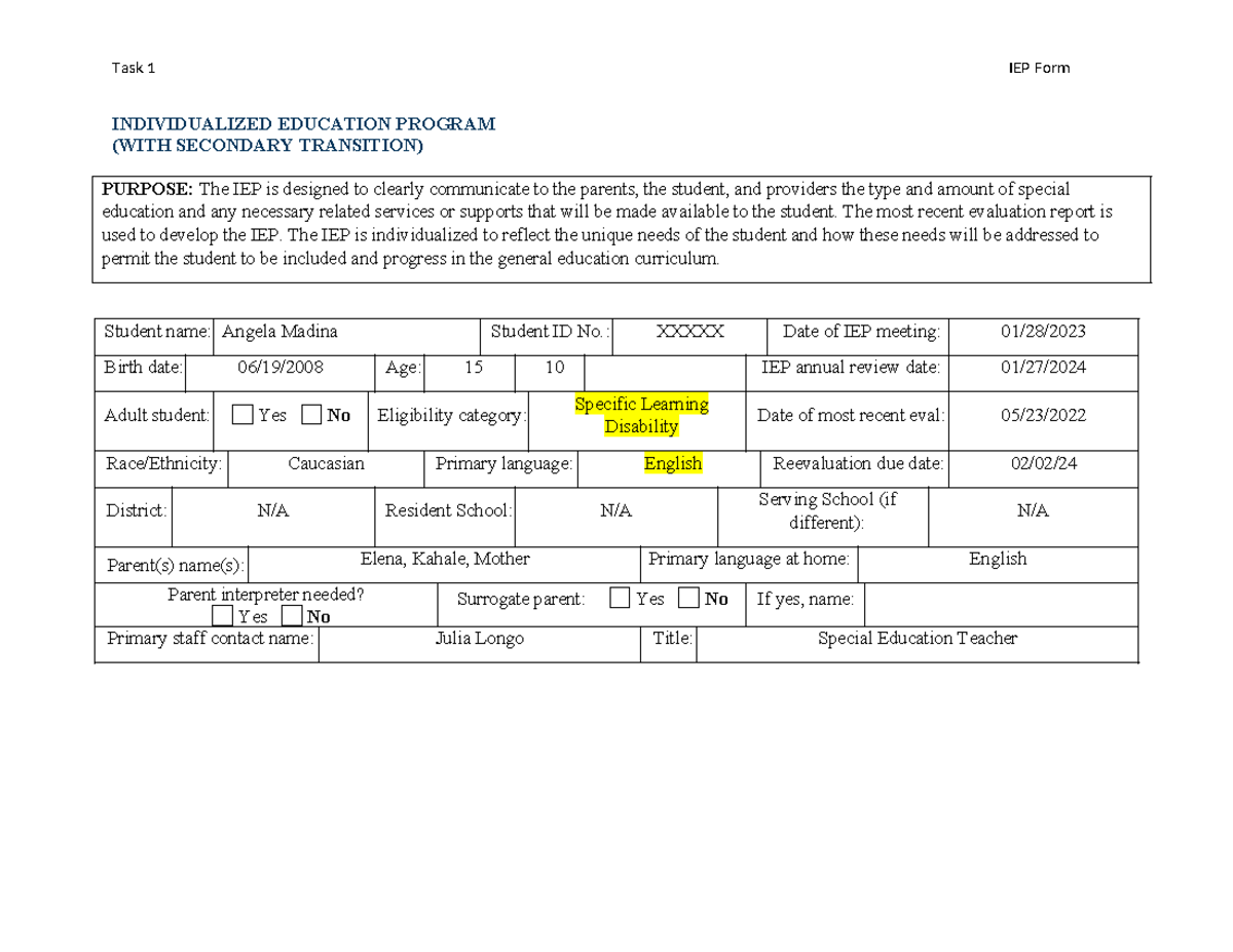 IEP Form 3 - Individualized Education Program for Angela Madina - Studocu