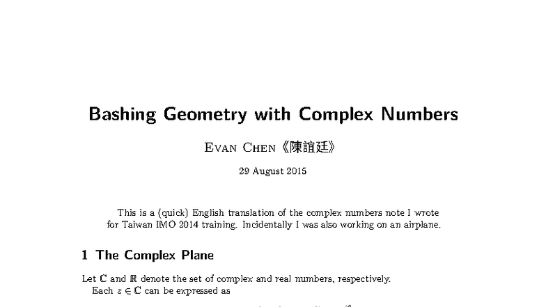 Bashing Geometry with Complex Numbers: Complex Analysis Notes for ...