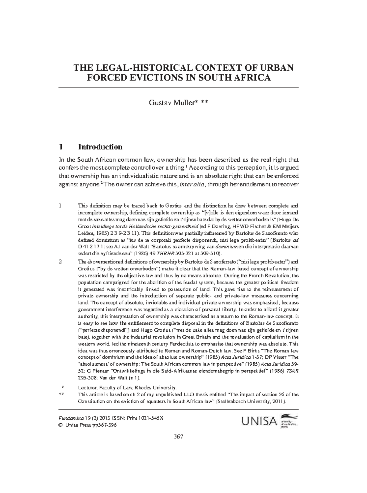 Legal Historical Context of Urban Forced Evictions in South Africa (LAW 2013) - Studocu