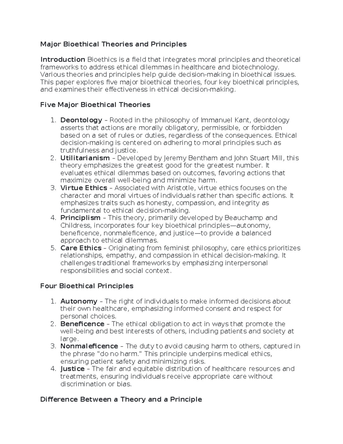 Major Bioethical Theories and Principles: Overview and Analysis - Studocu