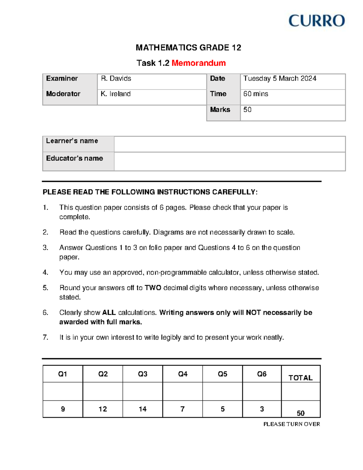 Grade 12 DBE Task 1.2 Mathematics 2024 Memorandum - MATHEMATICS GRADE 1 ...