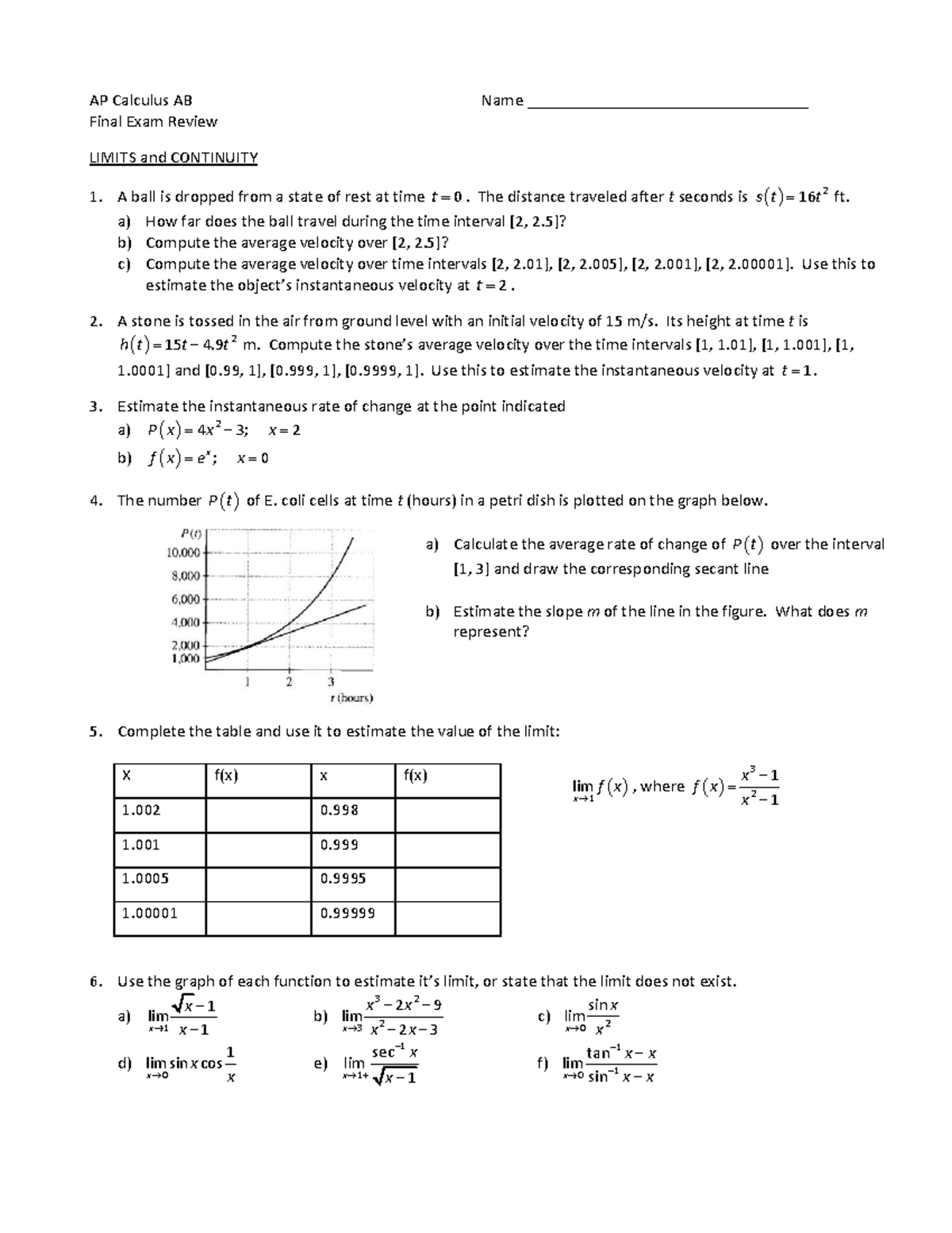 AP Calculus AB Final Exam Review: Limits and Continuity - Studocu