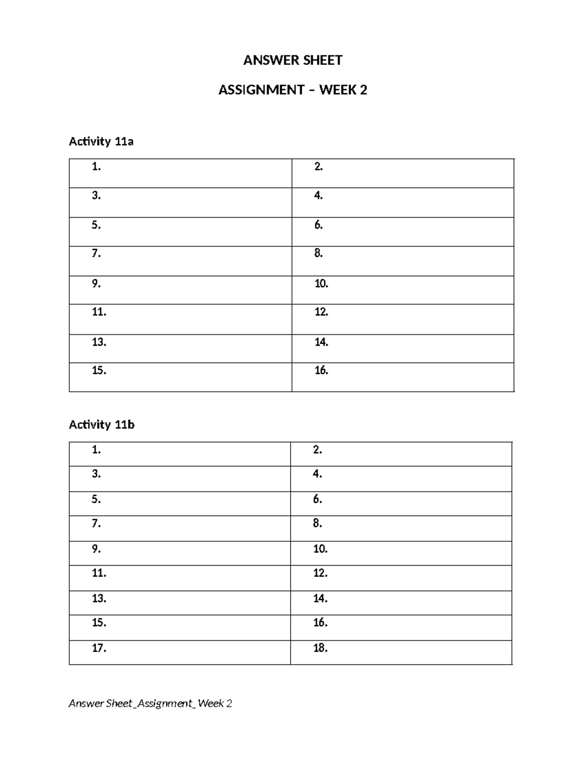 ANSWER SHEET ASSIGNMENT WEEK 2: Activities 11a-13b - Studocu