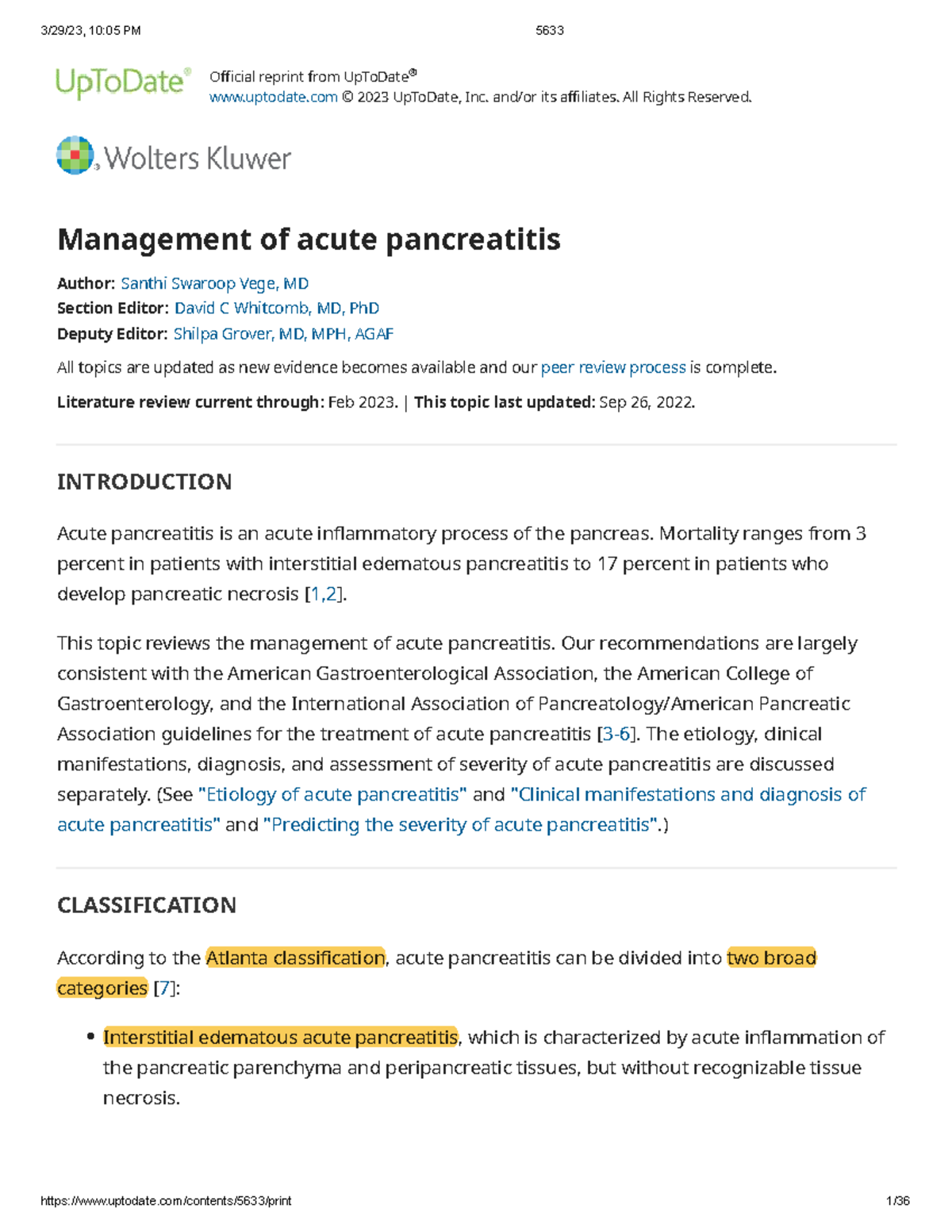 Management of Acute Pancreatitis: Insights and Guidelines (5633) - Studocu