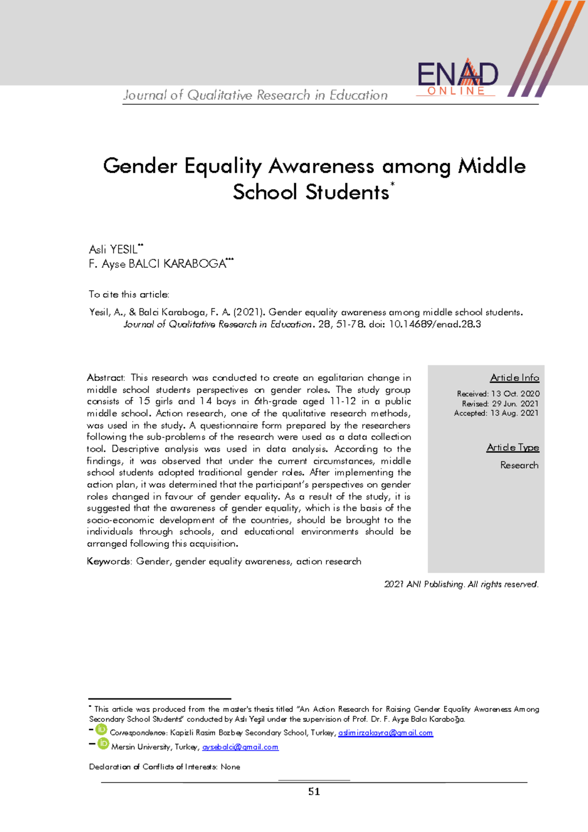 Raising Gender Equality Awareness in Middle School Students: A Study ...