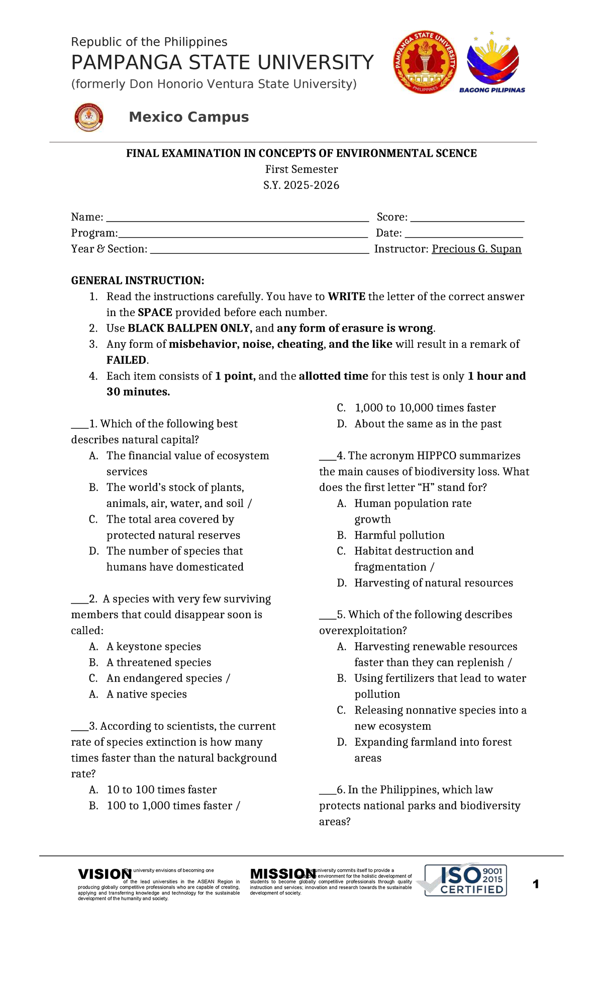 PAMPANGA STATE UNIVERSITY (PSU) ENVIRONMENTAL SCIENCE FINAL EXAM REVIEW ...