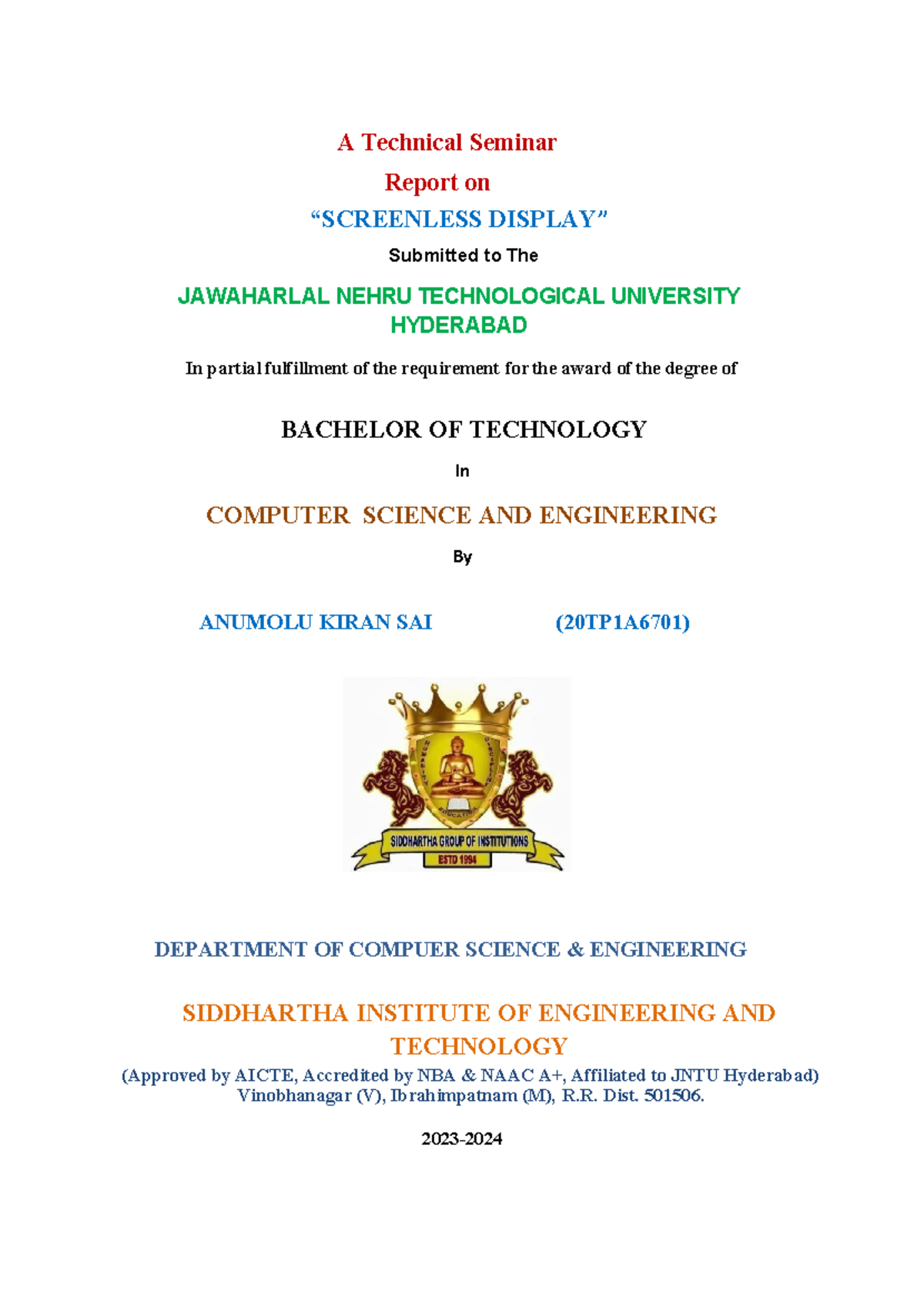 Screenless display seminar report - A Technical Seminar Report on ...