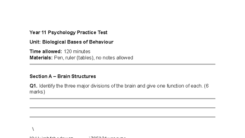 Year 11 Psychology Practice Test: Biological Bases of Behaviour - Studocu
