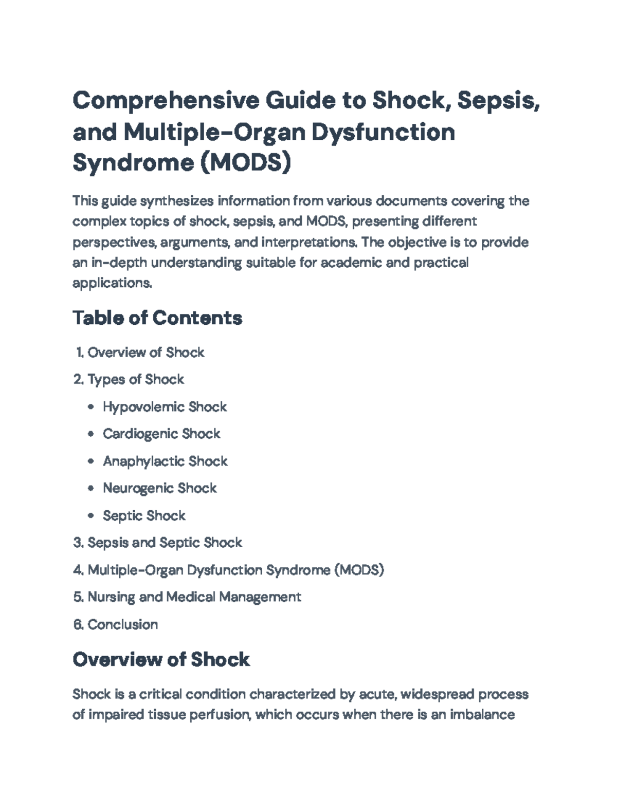 Comprehensive Guide to Shock, Sepsis, and MODS (NURS 301 ...