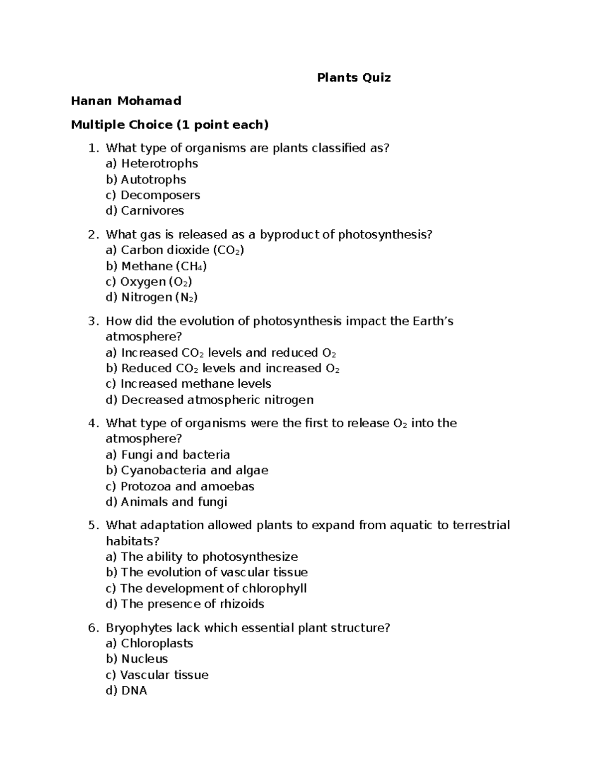 Plants Quiz (BIO101) - Multiple Choice & True/False Questions - Studocu