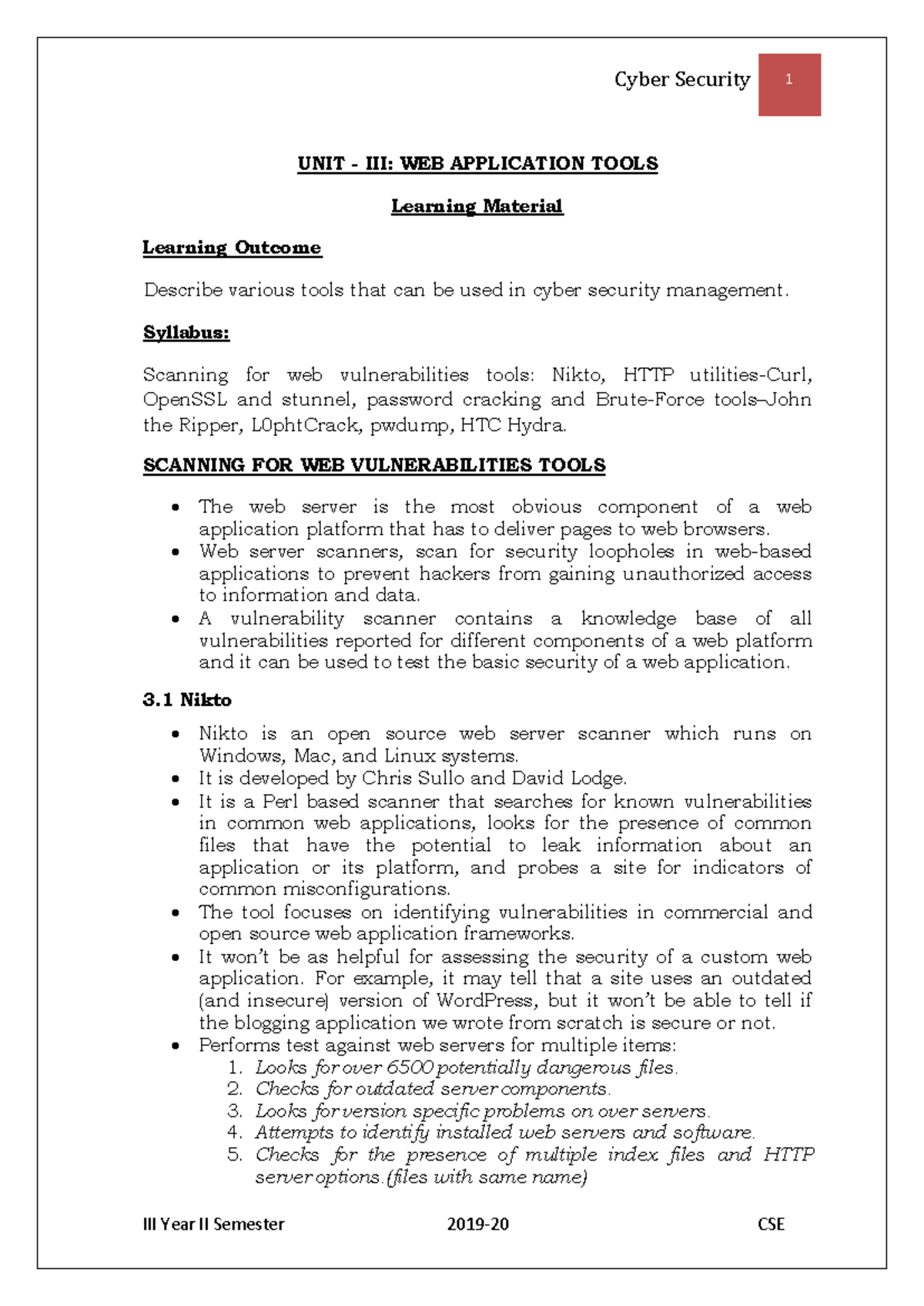 Unit III: Web Application Tools for Scanning Vulnerabilities and ...