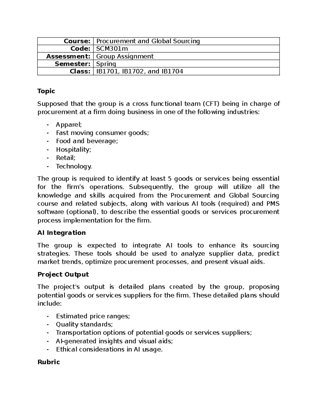 SCM301m Group Assignment: Procurement Strategies & AI Integration SP25 - Studocu