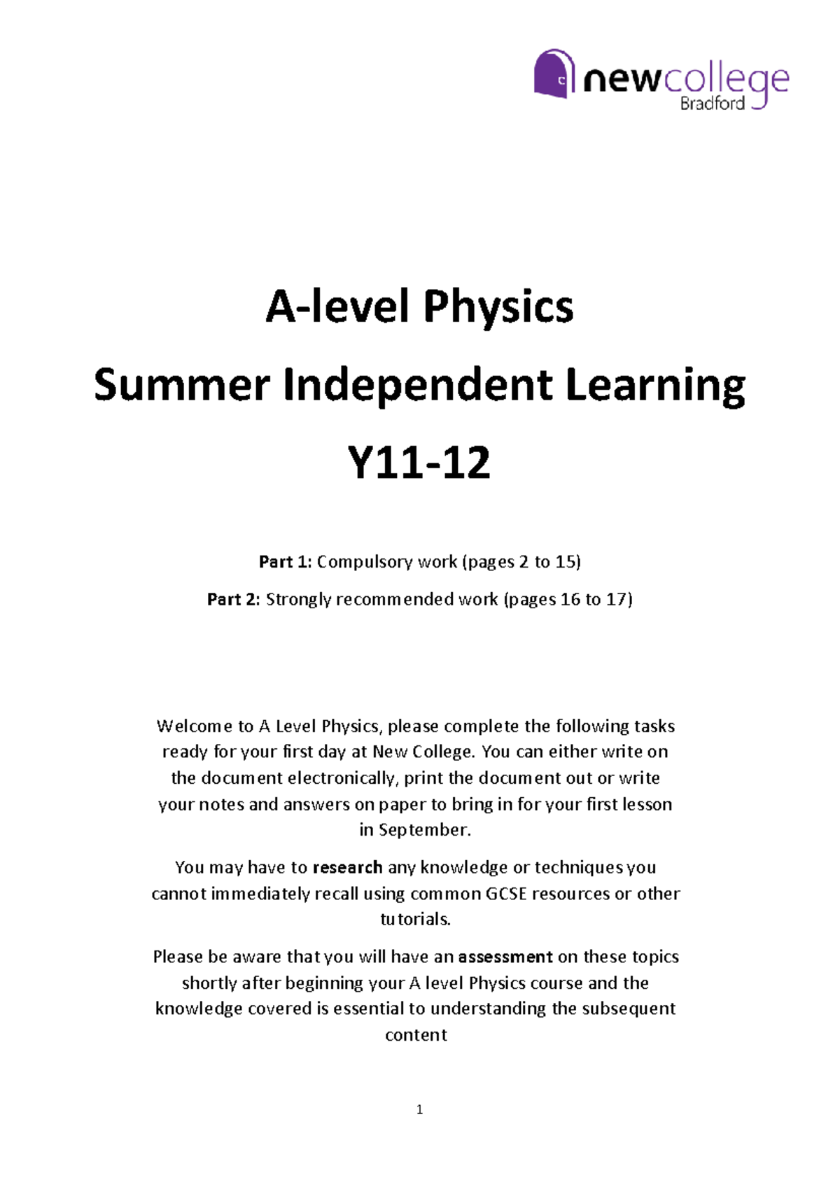 NCB SIL physics - A-level Physics Summer Independent Learning Y11- 12 Part 1: Compulsory work ...
