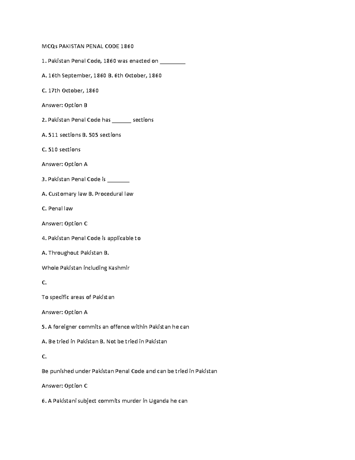 Pakistan Penal Code PPC 1860 - MCQs PAKISTAN PENAL CODE 1860 Pakistan ...