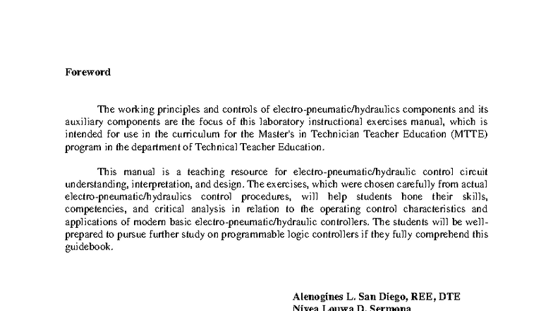 E Lectropneumatics: Laboratory Exercises Manual for MTTE Program - Studocu
