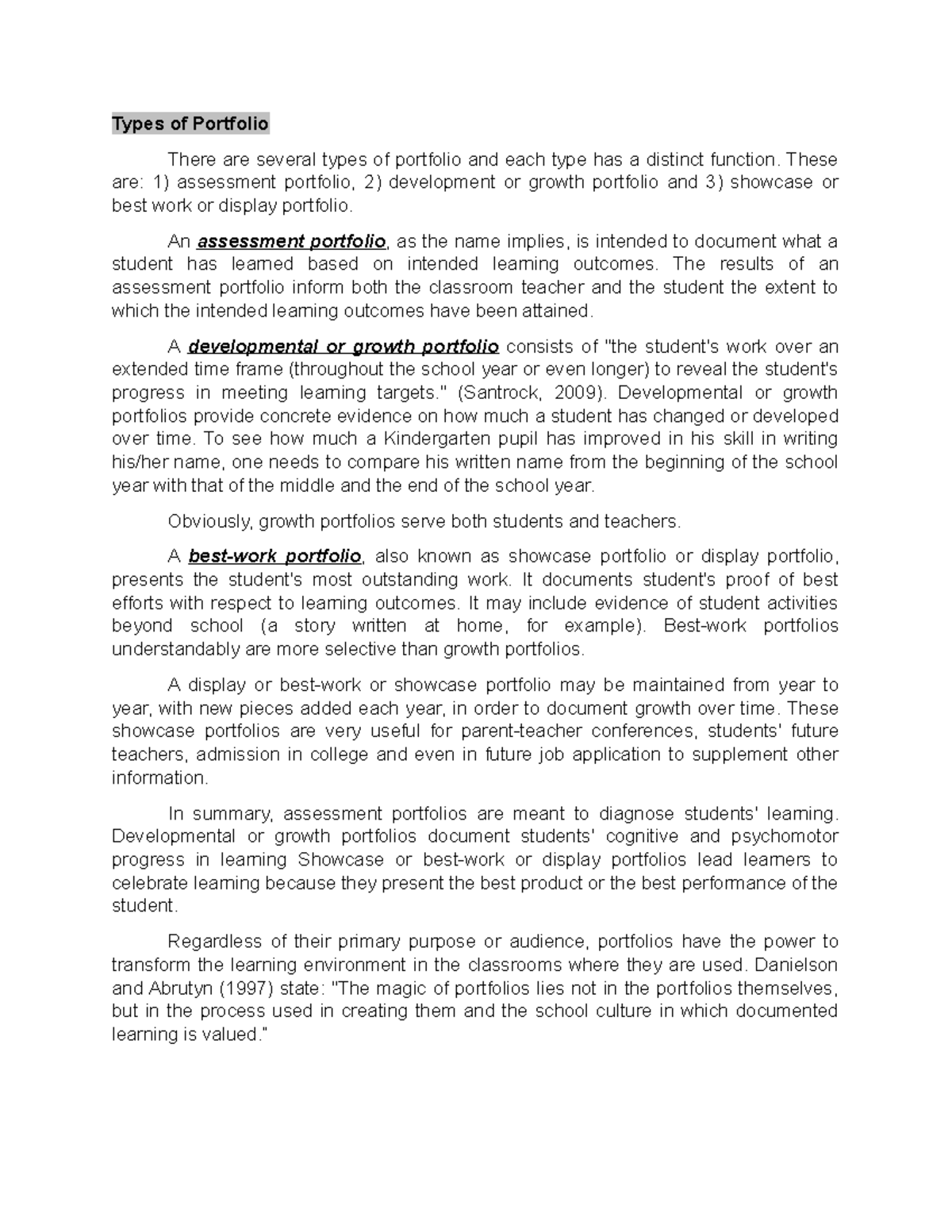 Types and Essential Elements of Portfolio Assessment - Studocu