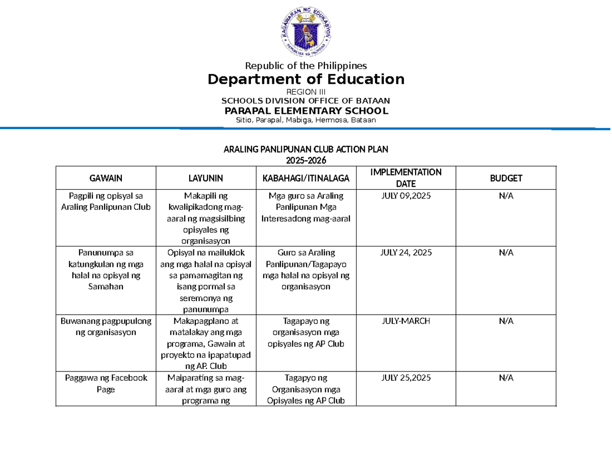 Araling Panlipunan Club Action Plan Implementation 2025 - Studocu