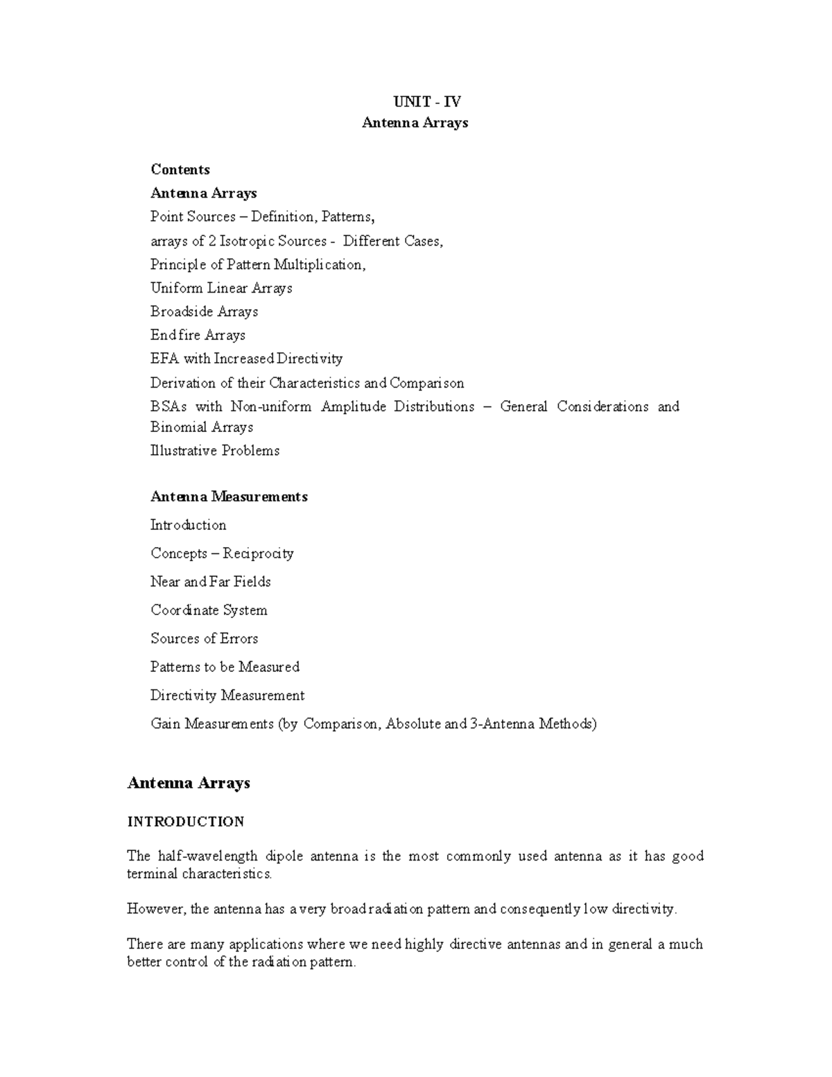 AWP Notes UNIT 4 - UNIT - IV Antenna Arrays Contents Antenna Arrays ...