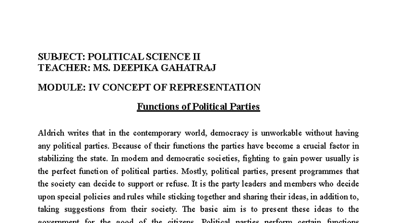 Functions of political parties - SUBJECT: POLITICAL SCIENCE II TEACHER ...