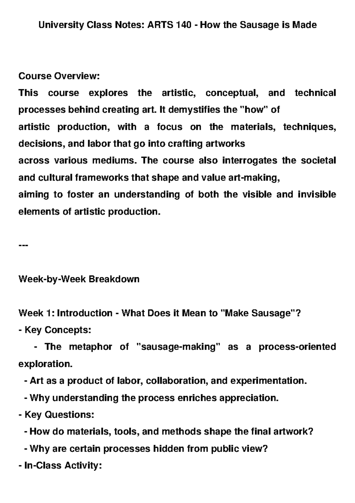 ARTS 140 How the Sausage is Made Course Scheduling - University Class ...