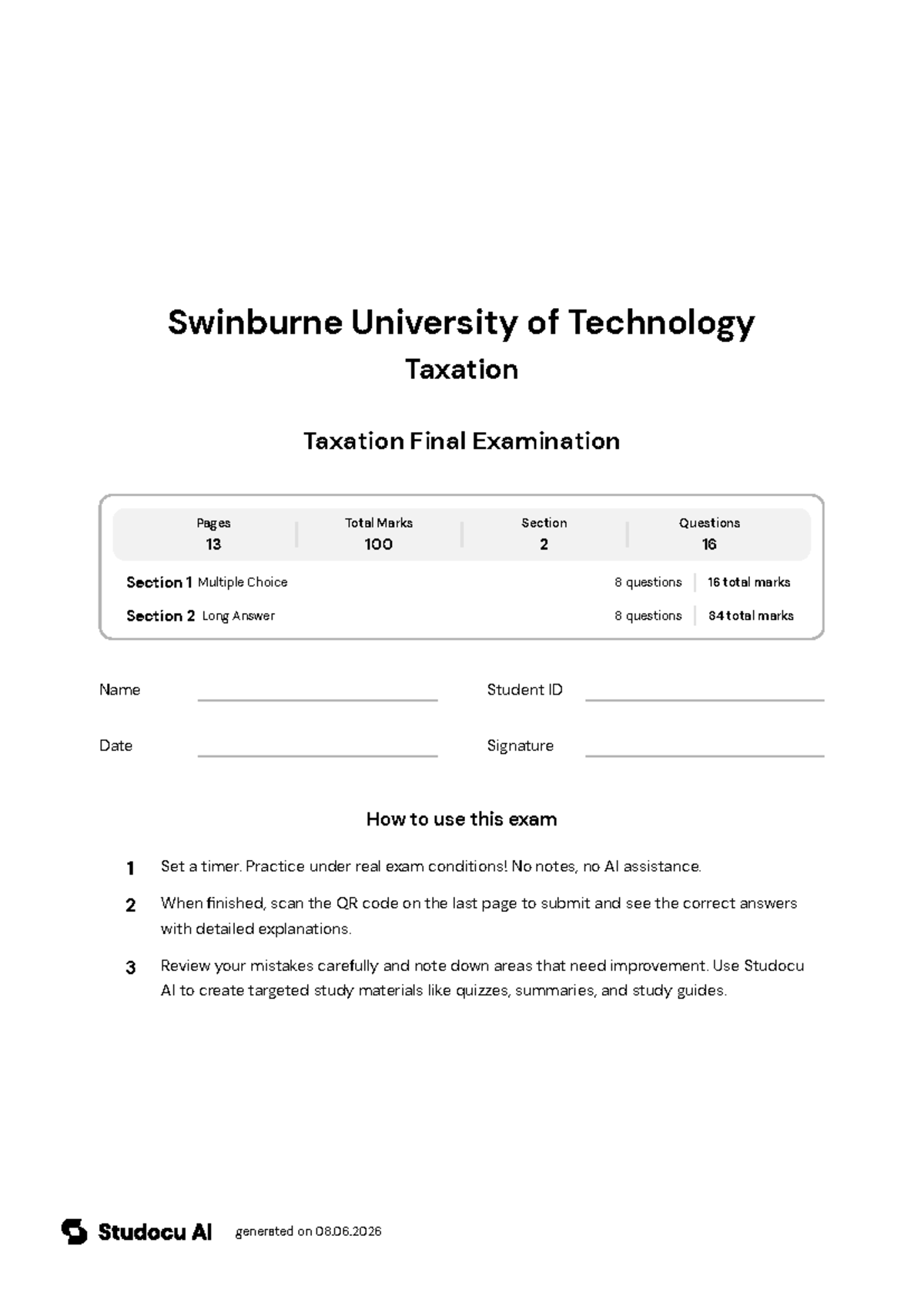 Taxation Final Examination - Studocu
