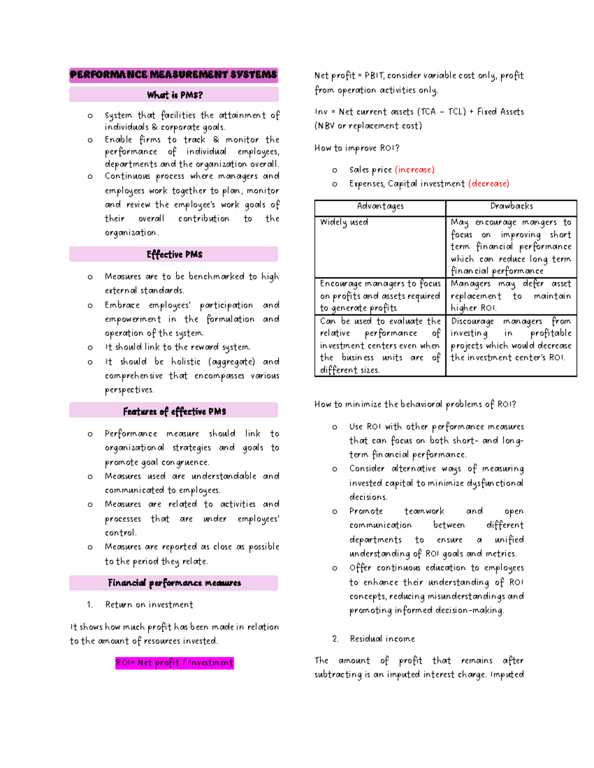 PMS Concepts and Effective Financial Measures - Overview Notes - Studocu
