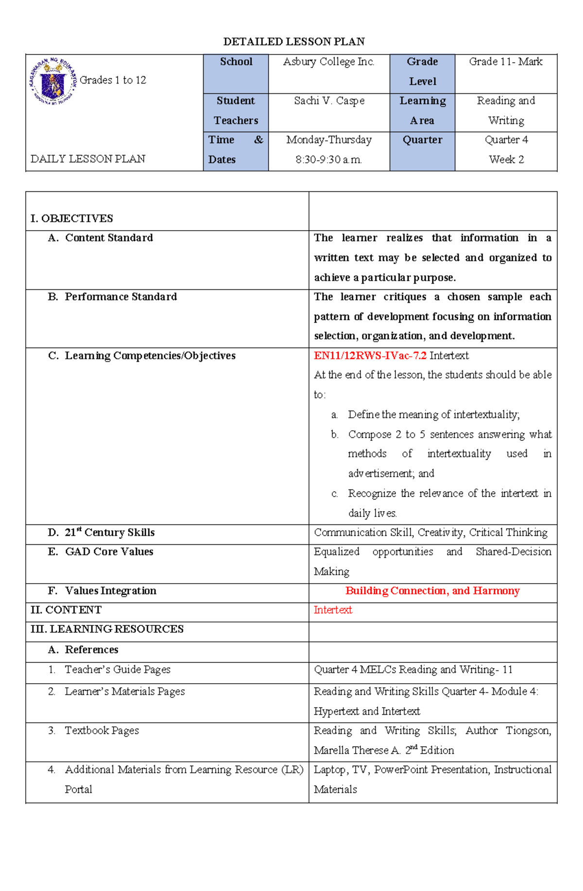 Detailed Lesson Plan on Intertextuality for Grade 11 EN11/12RWS-IVac-7 ...