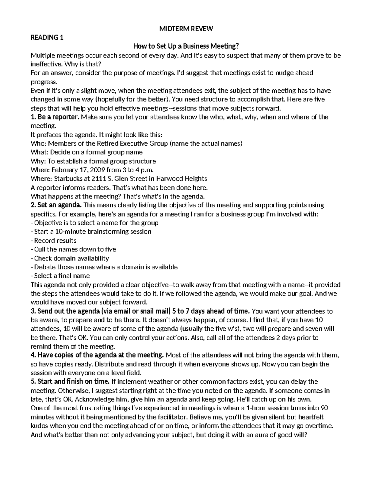 RE 1 MIDTERM REVIEW: Effective Business Meeting Strategies - Studocu
