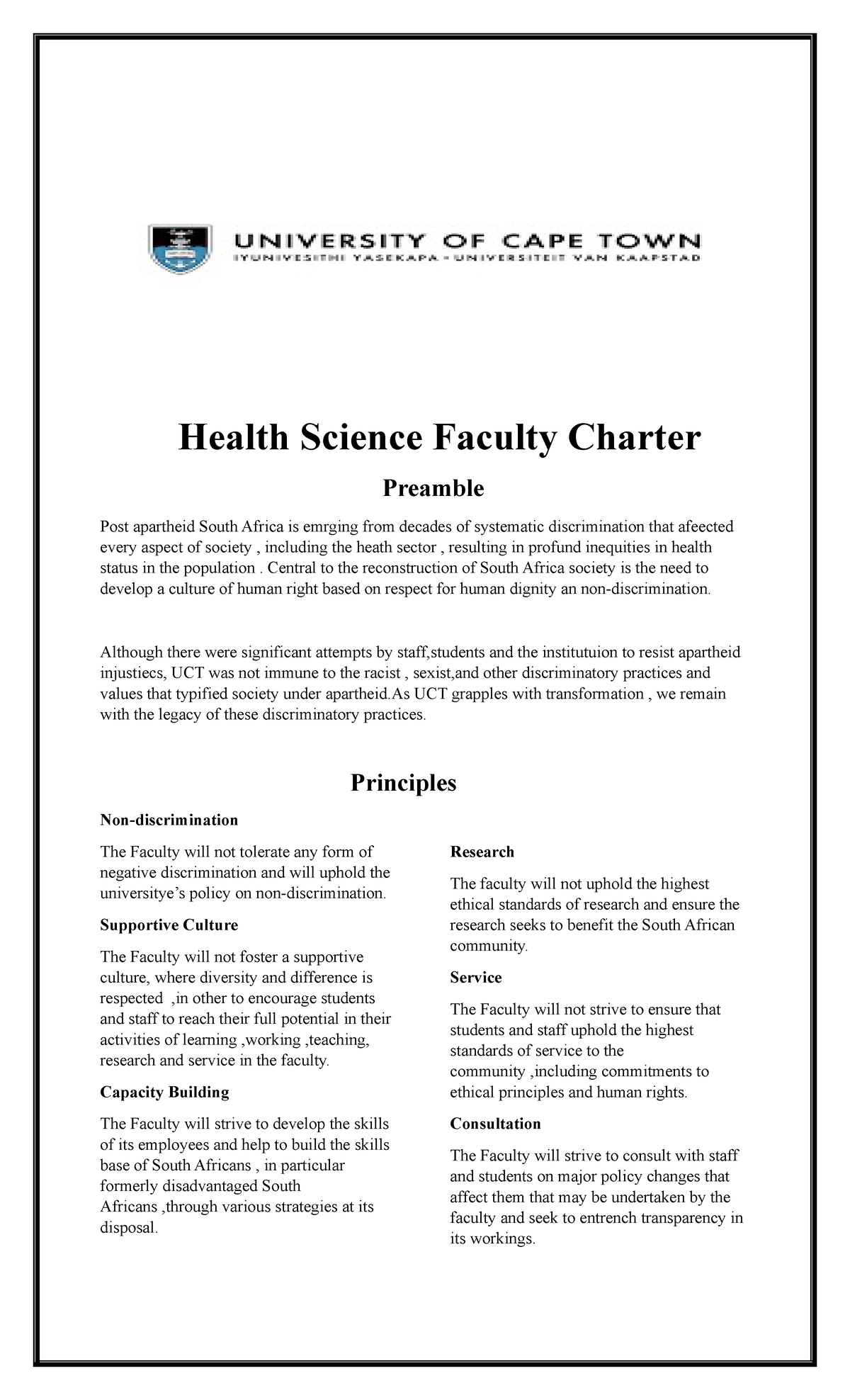 Health Science Faculty Charter: Principles for Transformation in SA ...