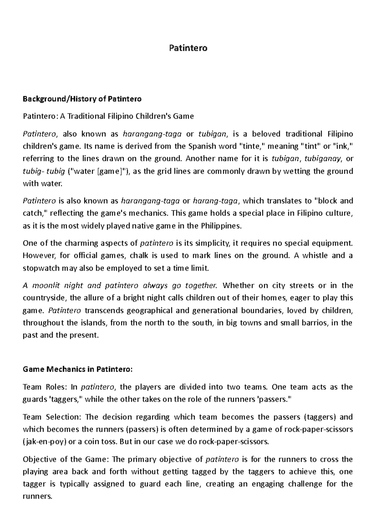 Patintero: A Study of the Traditional Filipino Children's Game - Studocu