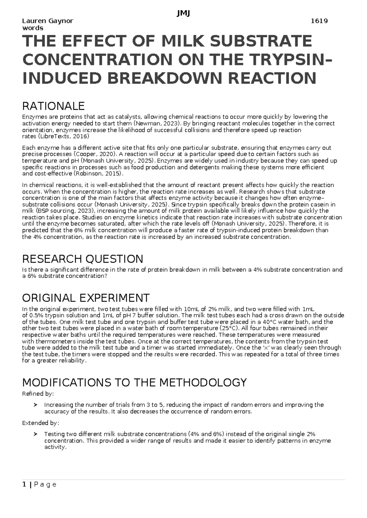 JMJ 1619 Final Exam: Impact of Milk Substrate Concentration on Enzyme ...