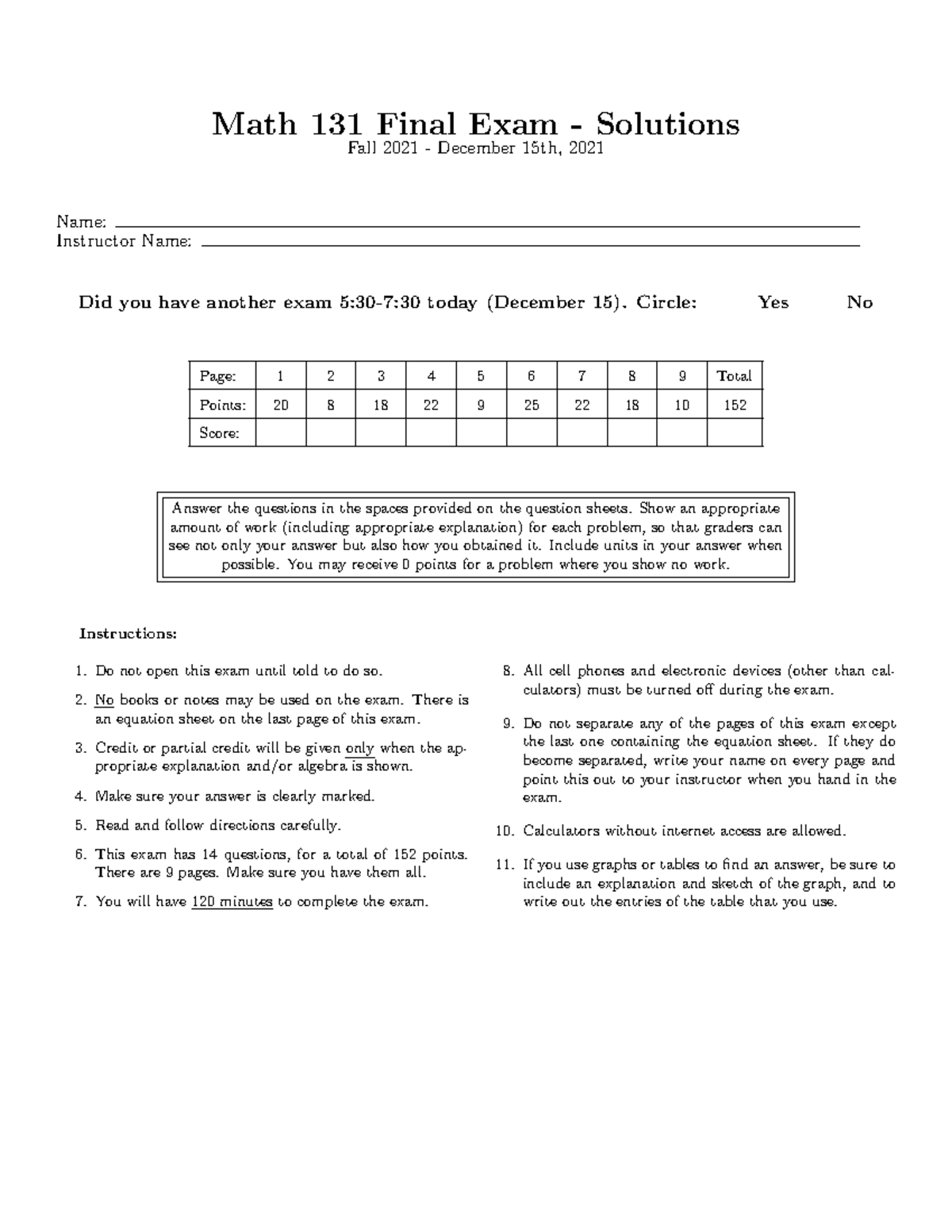 MATH 131 Exam answers from Fall 2021 - Math 131 Final Exam - Solutions ...