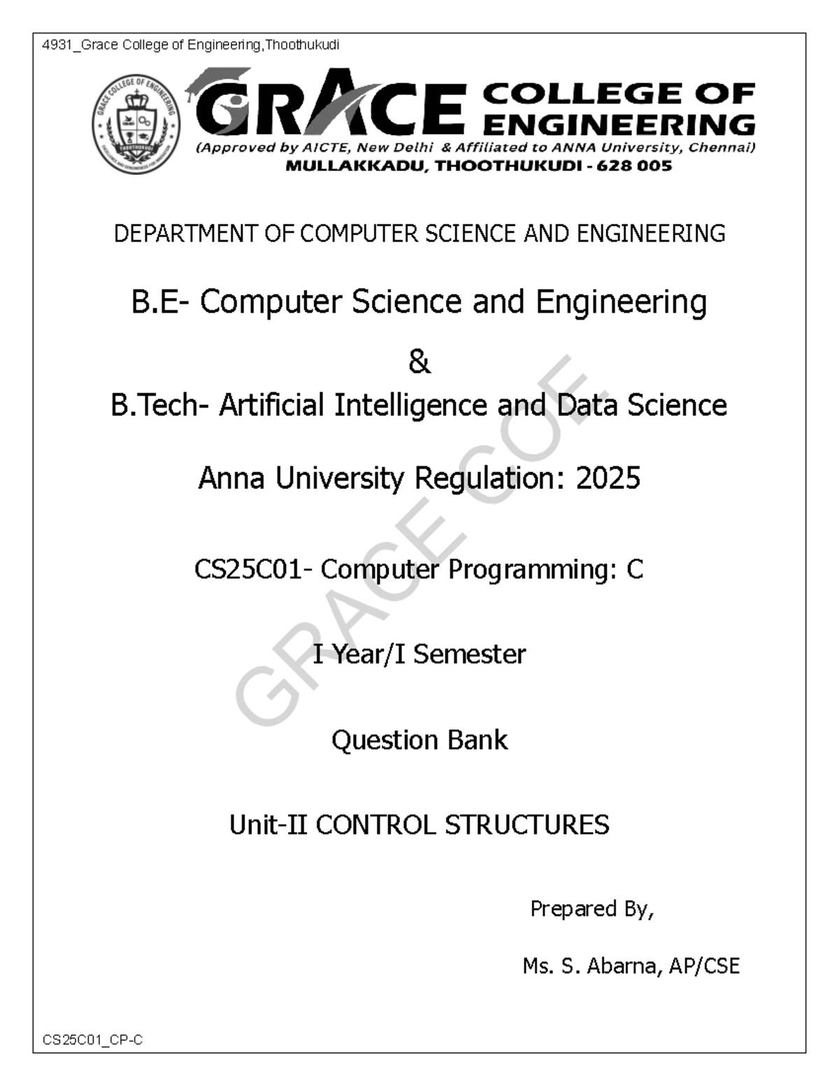 4931_CSE AI & DS: C Programming Control Structures QB - Studocu