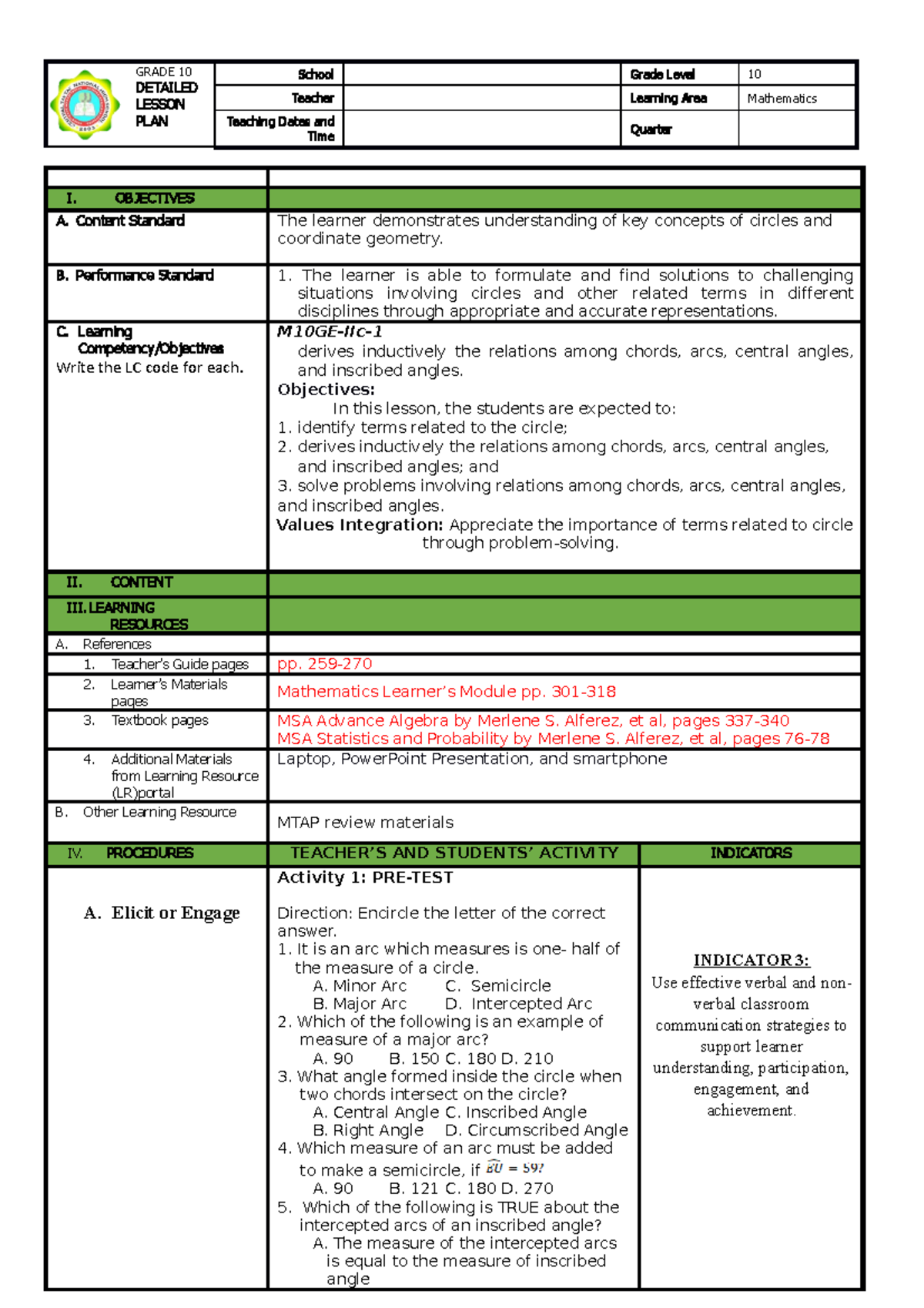 Lesson Plan for Grade 10 Math: Chords, Arcs, and Angles Insights - Studocu