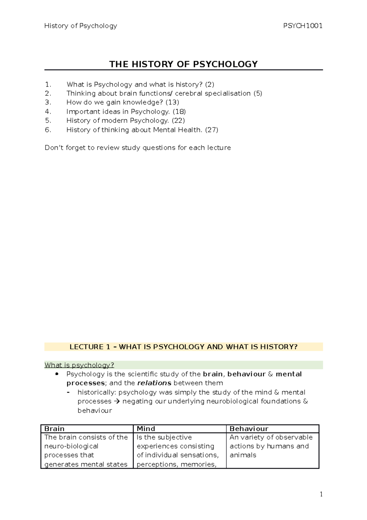 History of Psychology - Complete Lecture Notes (PSY101) - Studocu