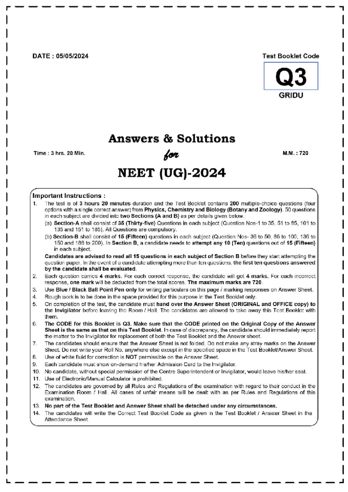NEET Q3 Test Booklet Answers & Solutions - 3 hrs 20 min Exam - Studocu