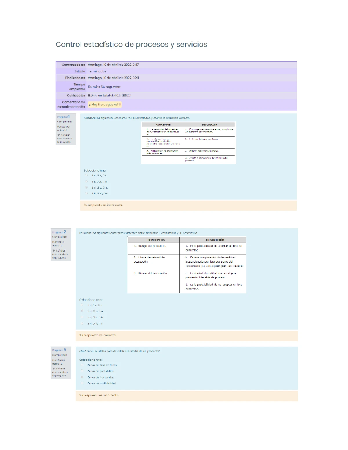 Modalidad de exámenes Semana 6 Revisión del intento - Control estadístico de procesos y ...