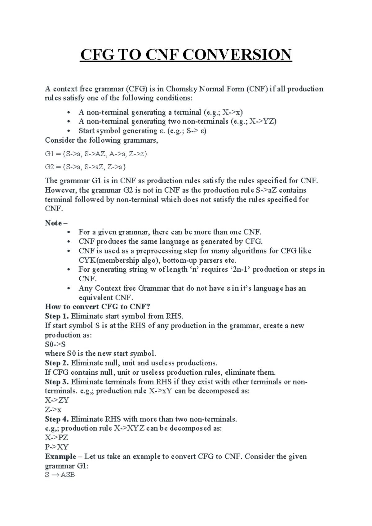 CFG TO CNF Conversion - CFG TO CNF CONVERSION A context free grammar ...