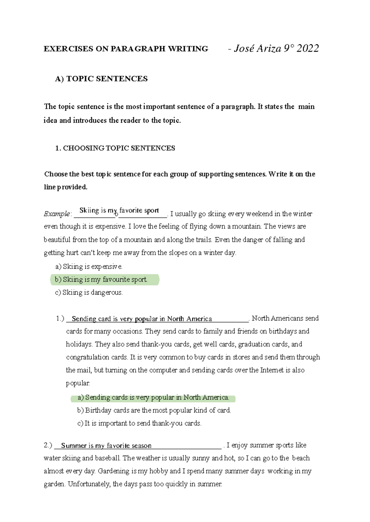 Exercises ON Paragraph Writing A Topic S (1) - EXERCISES ON PARAGRAPH ...