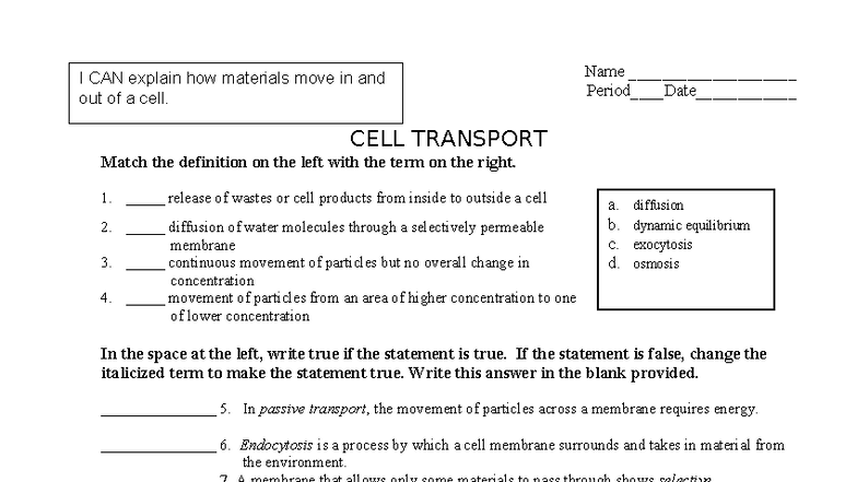 2015 BIO 101 Cell Transport Worksheet: Definitions & Processes - Studocu