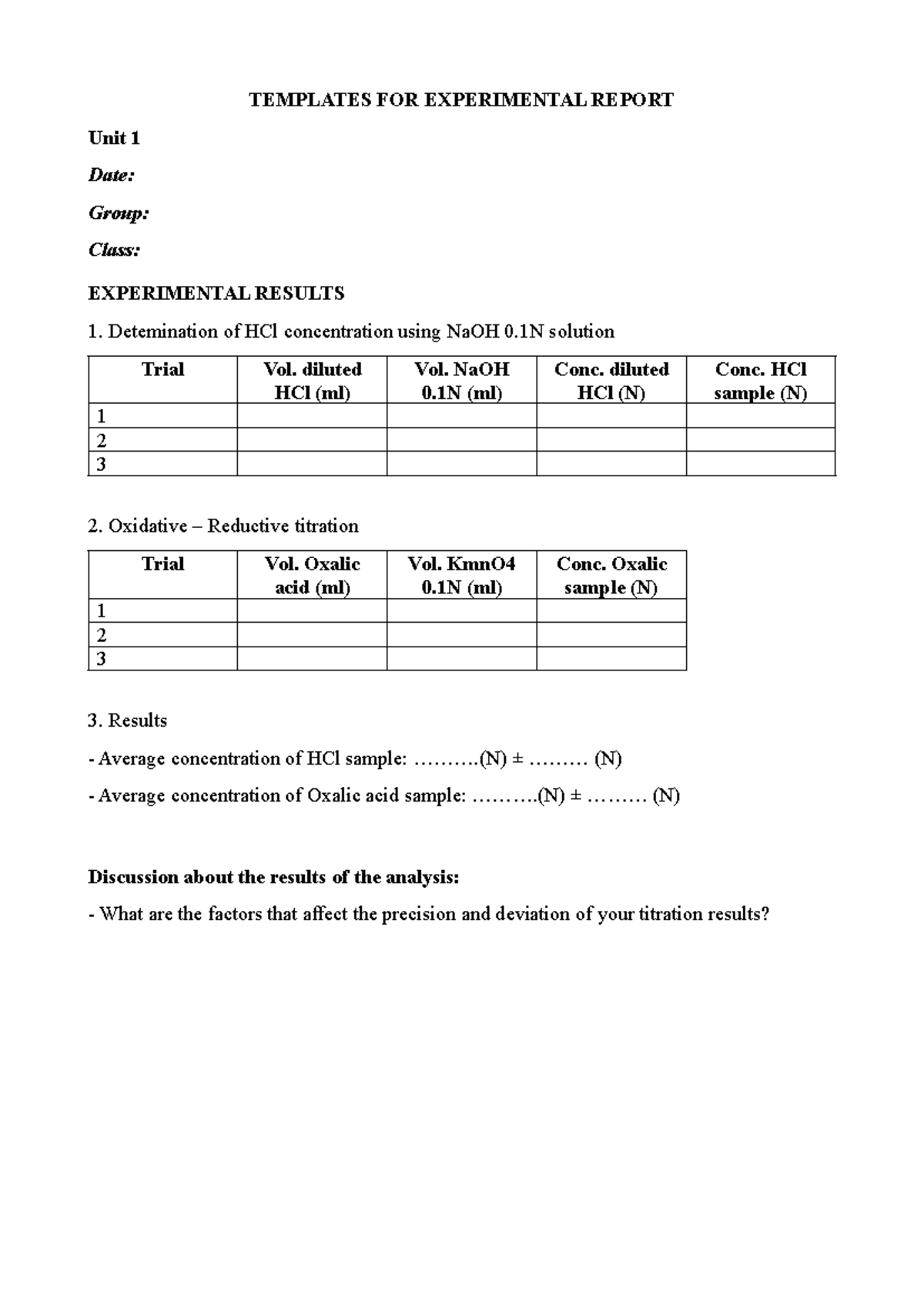 Templates FOR Experimental Report Unit1 - TEMPLATES FOR EXPERIMENTAL ...