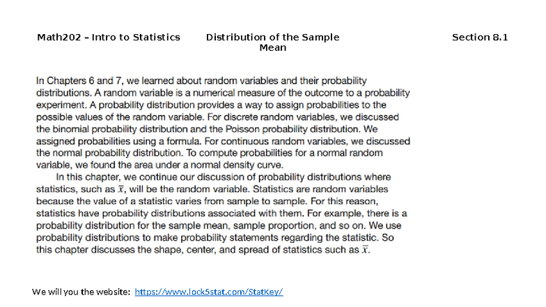 Intro to Statistics - Distribution of the Sample Mean (Math202 ...