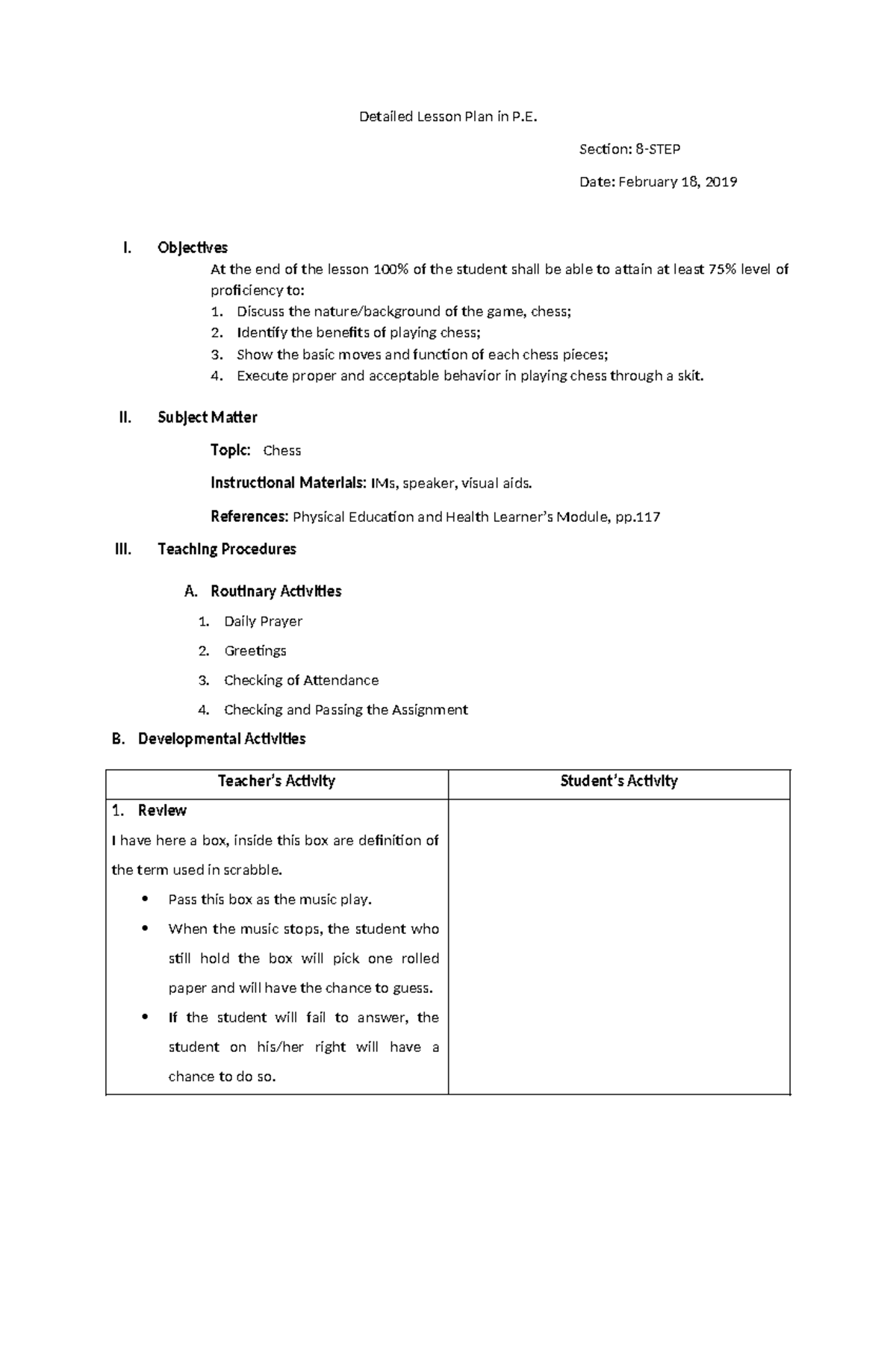 424844453 Detailed Lesson Plan for P.E. 8: The Game of Chess - Studocu